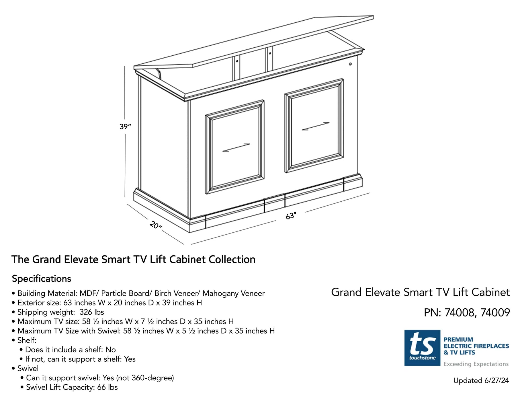 Touchstone 74008 Grand Elevate™ TV Lift Cabinet for TVs up to 65 inch ...